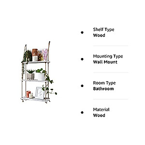 Labcosi 3 Tier Rope Wall Hanging Floating Shelves, Rustic White Wall Shelf, Swing Wood Farmhouse Decor Living Room, Bathroom, Bedroom, and Outdoor