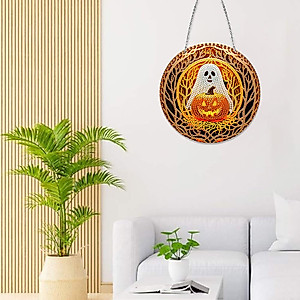 LUSandy DIY 5D Halloween Ghost Pumpkin Diamond Painting Kits Hanging Sign Wall Art Sign Pumpkin Diamond Art Suncatcher Window Hanging Ornament Window Pendants for Adults Home Garden Wall Door