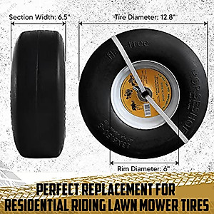 13x6.50-6 Flat-Free Lawn Mower Smooth Tire with Steel Rim for Lawn Mower Garden Tractor - Hub 4"-7.1" - 5/8" Bearing Installed - Extra 1/2" Bearing Included - Residential grade - 2-Pcs-Set