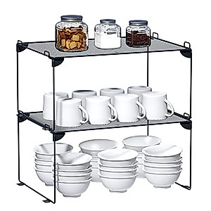 Neudeco Stackable Cabinet Shelf Organizer - 2 Pack Metal Mesh Stacking Shelves for Kitchen, Closet, Bathroom, Countertop and Cabinet -Gray