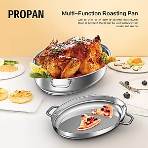 PROPAN Roasting Pan with Rack and Lid 12 Quart,18/10 Stainless Steel Multi-Use Oval Dutch Oven, Induction Compatible Dishwasher/Oven Safe Turkey Roaster,17 Inch