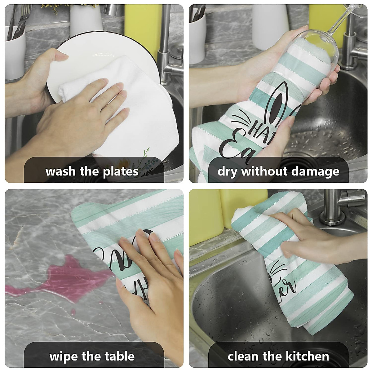 Siilues Easter Kitchen Towels 95g/Count Microfiber 18 x 26 Inch, Bunny Easter Kitchen Decorations Anniversaries Decor Ultra Absorbent for Drying Dishes Cooking Baking Set of 2