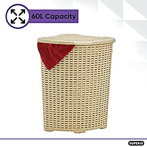Superio Corner Laundry Hamper Basket With Lid 50 Liter, Beige Wicker Hamper - Durable, Lightweight Bin With Cutout Handles, Storage Dirty Cloths, Space Saver Curved Shape Design