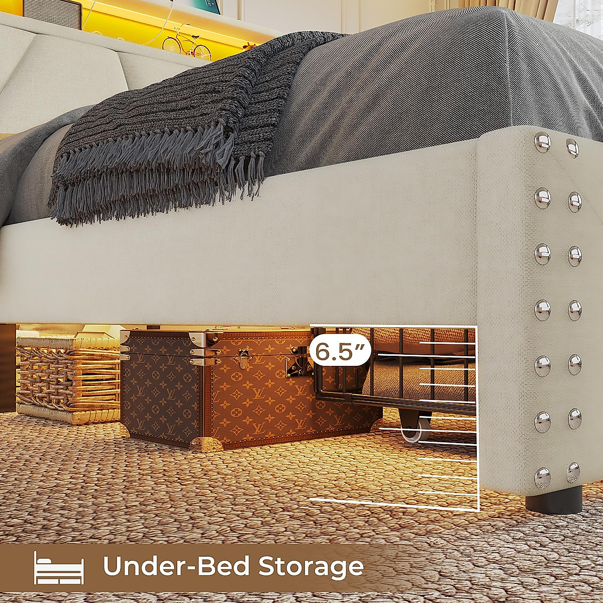 AOGLLATI Queen Bed Frame with Storage Drawers, Charging Station, Upholstered Led Bed Frame Queen Size with Storage Headboard, No Box Spring Needed, Beige