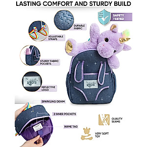 Naturally KIDS Small Unicorn Backpack - 3 - 4 Year Old Girl Gifts - Toddler Backpack for Girl Boy w Stuffed Animal - Toys for 3 Year Old Girls - w Pockets & Reflective Logo - Backpack w Purple Unicorn