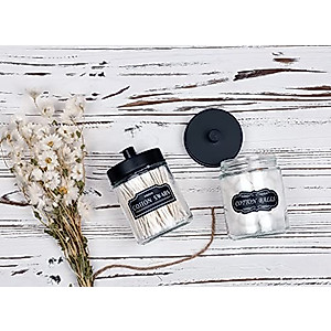 Elwiya Bathroom Apothecary Jars Set, Farmhouse Decor Glass Dispenser Holder for Qtip- Rustic Vanity Organizer with Stainless Steel Lids for Cotton Swabs, Rounds, Bath Salts, Ball/Black, 2 Pack