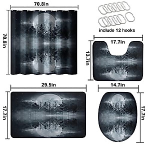 Zmcongz Night Forest 4 Piece Shower Curtain Sets Full Moon Tree Reflected in The Lake with 12 Hooks, Bath Mat Set Bathroom Decor by Durable Waterproof Fabric, 72x72 Inch