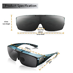 Br'Guras Fit Over Polarized UV Protection Sunglasses with Filp Up Lens Wear over Eyeglasses for Men and Women Driving, Hiking or Fishing (Blue striped, Black)
