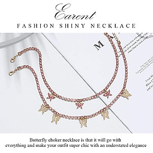 EARENT Rhinestone Butterfly Choker Necklaces Sparkly Crystal Butterfly Chain Necklace Glitter Pink Prom Jewerly for Women(Pink（Pack of 2）)