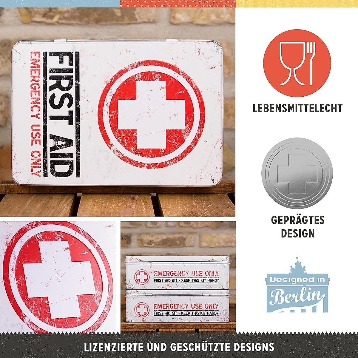 Nostalgic-Art Retro storage tin box flat, 84.5 oz, First Aid Kit – Gift idea for nostalgia fans, metal can with lid, vintage design