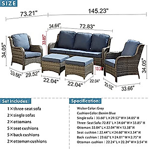 Patio Furniture 5 Pieces Outdoor Furniture Set All Weather Wicker Outside Sectional Sofa with 2 Chairs and Ottomans for Garden Deck Backyard,Grey Wicker Denim Blue