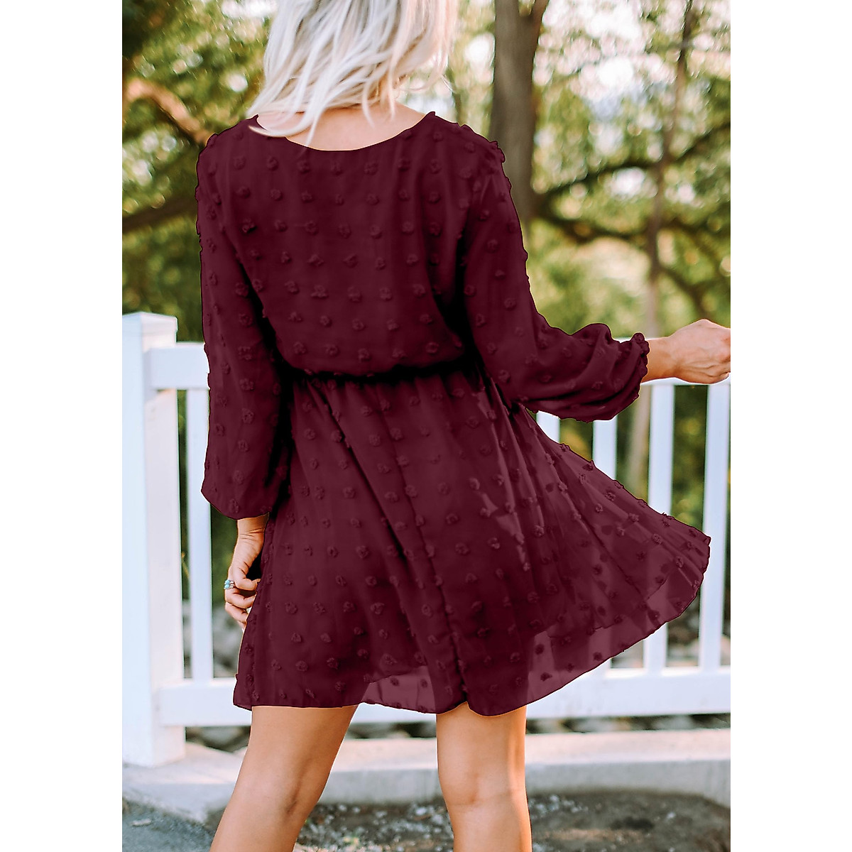 KIRUNDO Womens Spring Dresses 2024 Fashion Casual Long Lantern Sleeve V Neck Cute Swiss Dot Mini Wedding Guest Dress(Style2-Wine Red, X-Large)