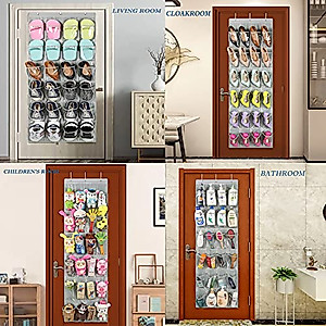 Over The Door Hanging Shoe Organizer with 24 Large Crystal Clear PVC Pockets Hanging Shoe Organizer and 3 Metal Hooks for Storage Men's Sneakers, Bathroom Toiletries, Slippers and Kids Toys (Grey)