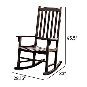Merry Products Traditional Acacia Hardwood Rocking Chair with Curved Seat and Wide Armrests for Outdoor or Indoor Use, Dark Stain