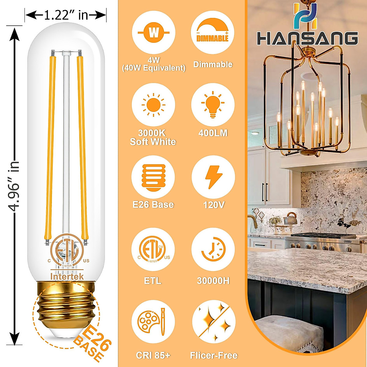hansang E26 Edison LED Bulb, 40W Equivalent, 3000K Warm White Dimmable Tubular T10 LED Bulb, E26 Base Light Bulbs for Chandelier, Decorative Light Bulbs with Clear Glass, 120V, CRI85+, 400LM, 6 Pack