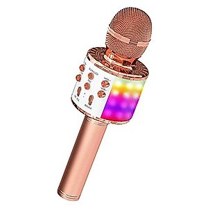 OVELLIC Karaoke Microphone for Kids, Wireless Bluetooth Karaoke Microphone with LED Lights, Portable Handheld Mic Speaker Machine, Great Gifts Toys for Girls Boys Adults All Age (Rose Gold)