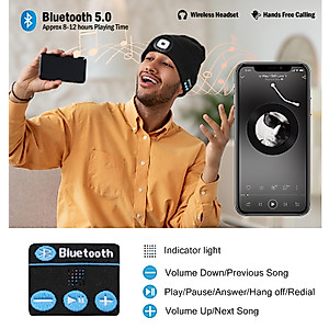 Bluetooth Beanie Hat with Light, Unique Tech Gifts for Men Husband Him Teen, Wireless Headphones for Fishing Jogging Working, Christmas Stocking Stuffers Black