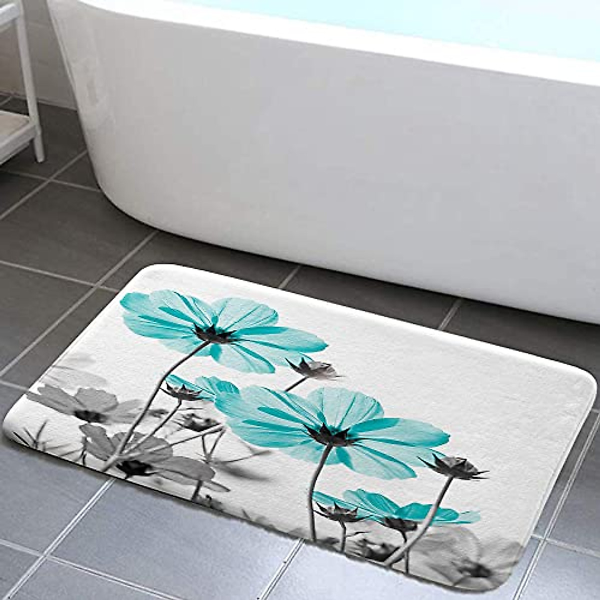 Unique Floral Shower Curtain for Bathroom Decor, Teal and Gray Daisy Flower Elegant Wildflower Design Farmhouse Bathroom Sets with Shower Curtain and Toilet Pad Cover Bath Mat Rugs Set