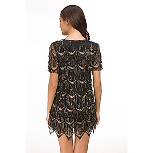 VVMCURVE Women's Sequin Fringe 1920 Short Prom Dress Sequins Art Deco Cocktail Gatsby Party Dress with Short Sleeve (Large, Black)