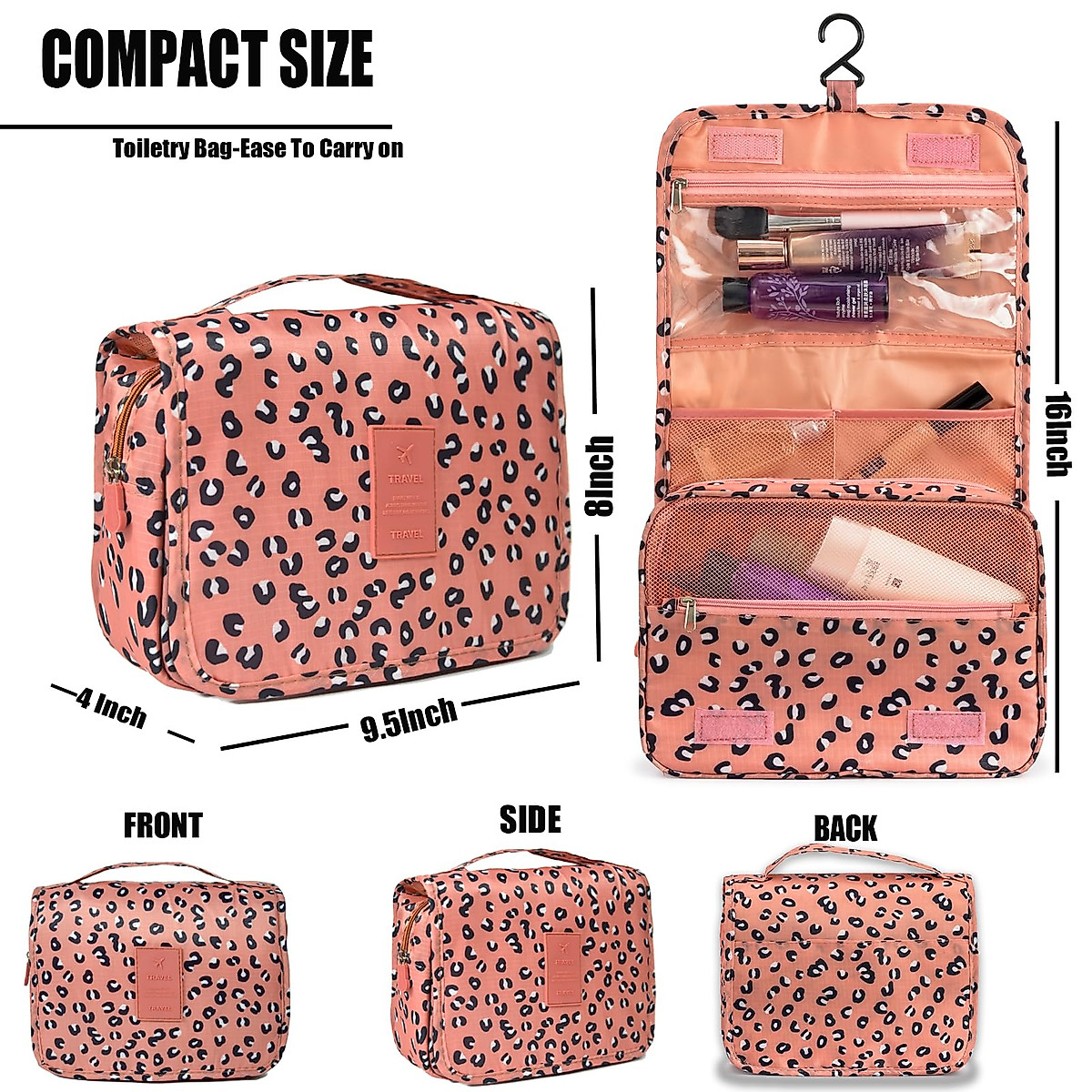 L&FY Hanging Travel Toiletry Bag Women's Cosmetic Organizer Makeup Pouch Men's Dopp Kits With Handle(Pink Leopard)