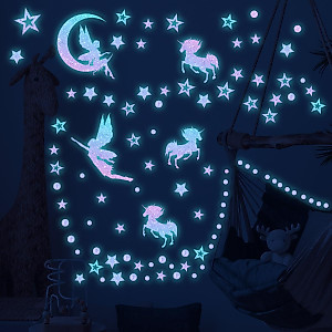 Glow in The Dark Unicorn Wall Decals Unicorn Stars Wall Stickers Blue Luminous Glow Unicorn Stars Moon Ceiling Stickers Decor for Baby Girls Boys Bedroom Ceiling Nursery Room Decor
