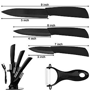 Ceramic Knife Set,Five piece 5" Utility Knife, 4" Fruit Knife, 3" Paring Knife and One Peeler，Ultra Sharp Professional Kitchen Chef Knives with Stain Resistant (Black)