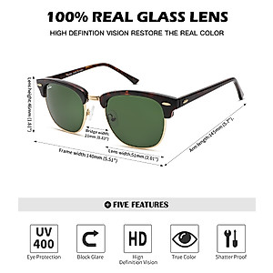 Pro Acme Semi-Rimless Frame Square Sunglasses for Men Women 100% Real Glass Lens(Tortoise Gold Frame G15)