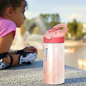 Kigai Flowers Butterfly Pink Kids Water Bottle, Insulated Stainless Steel Water Bottles with Straw Lid, 12 oz BPA-Free Leakproof Duck Mouth Thermos for Boys Girls
