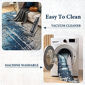 VK VK·LIVING Machine Washable Rug 8'x10' Abstract Washable Area Rugs with Non Slip Rugs for Living Room Bedroom Modern Woven Rug Carprt Stain Resistant, Washable Rugs Dining Room Office Boho Rug, Blue