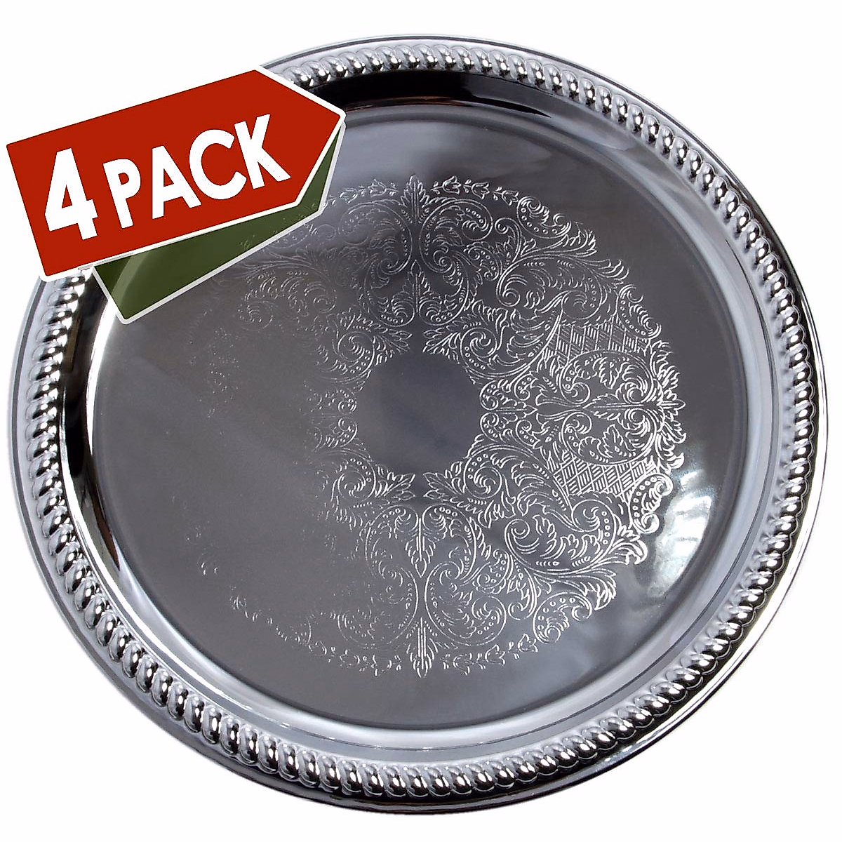 Maro Megastore (Pack of 4 14-Inch Traditional Round Floral Pattern Engraved Catering Chrome Plated Serving Tray Mirror Plate Silver Metal Platter Tableware Wedding Birthday (Extra Large) T139-14-4pk