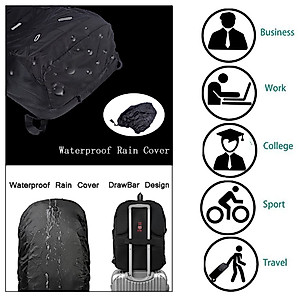 Ronyes Backpack for Laptops Up To 18.4 Inch Hiking Backpack Water Resistant Travel Computer Backpack Shockproof Laptop Backpack with USB Charging Port and Waterproof Rain Cover (Black)