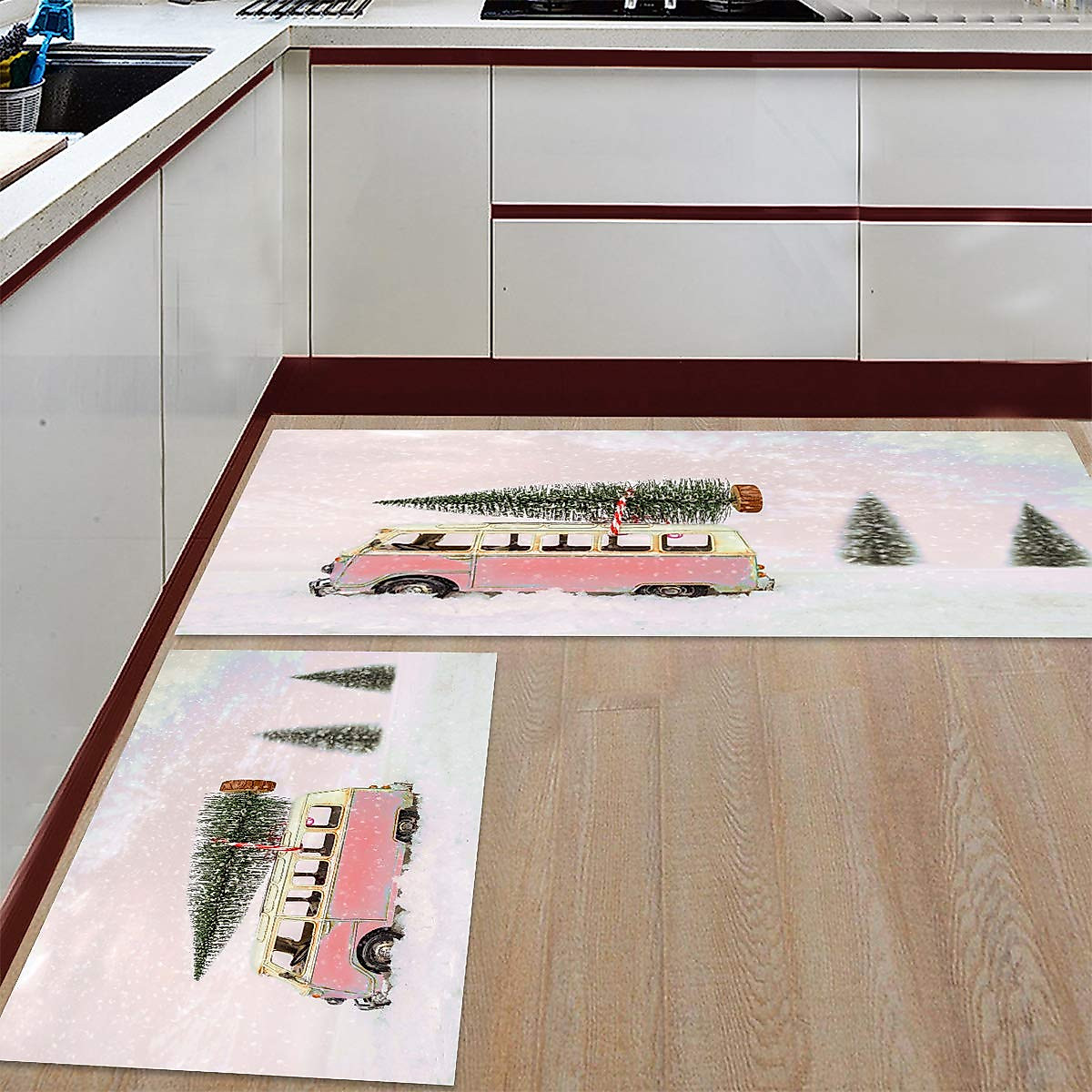 LooPoP Pink Christmas Kitchen Mats for Floor Cushioned Anti Fatigue 2 Piece Set Kitchen Runner Rugs Non Skid Washable Snow Bus Pine Tree