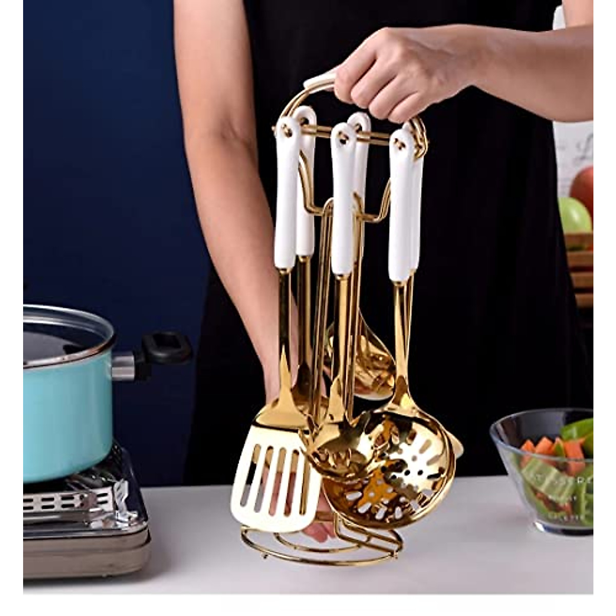 AQUAX Stainless Steel kitchenware seven Pieces Set (White Gold).Cooking Utensils 7 pcs with hanging shelf .Include Slotted Large Spoon, Soup Ladle, Spatula, Pasta spoon.