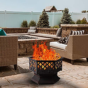 OKIDA Hex-Shaped Fire Pit Iron Brazier Wood Burning Coal Pit Bonfire Firebowl Stove Outdoor Metal Fireplace with Mesh Screen Cover Poker for Patio Backyard Garden Beach Camping Picnic 24in Bronze