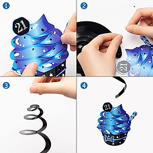 WATINC 42pcs 21st Blue Birthday Banner Party Decorations, Hello 21 Glitter Hanging Garlands Swirls Signs for 21 Years Old Party Favor, Blue Black Sliver Cake Topper Centerpieces Home Table Decor