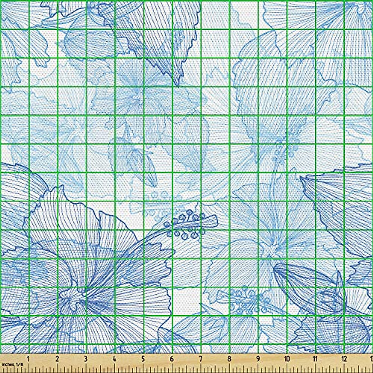 Lunarable Blue and White Fabric by The Yard, Hibiscus Flowers Tropical Foliage Hand Drawn Monotone Design, Decorative Fabric for Upholstery and Home Accents, 1 Yard, Blue White