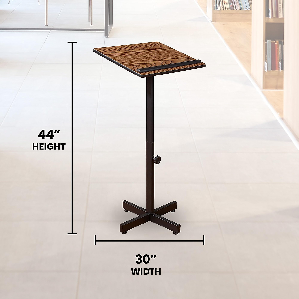 Oklahoma Sound Portable Presentation Series Adjustable Height Lectern Stand 16 Inch x 20 Inch Reading Surface with Book and Paper Stop, Medium Oak