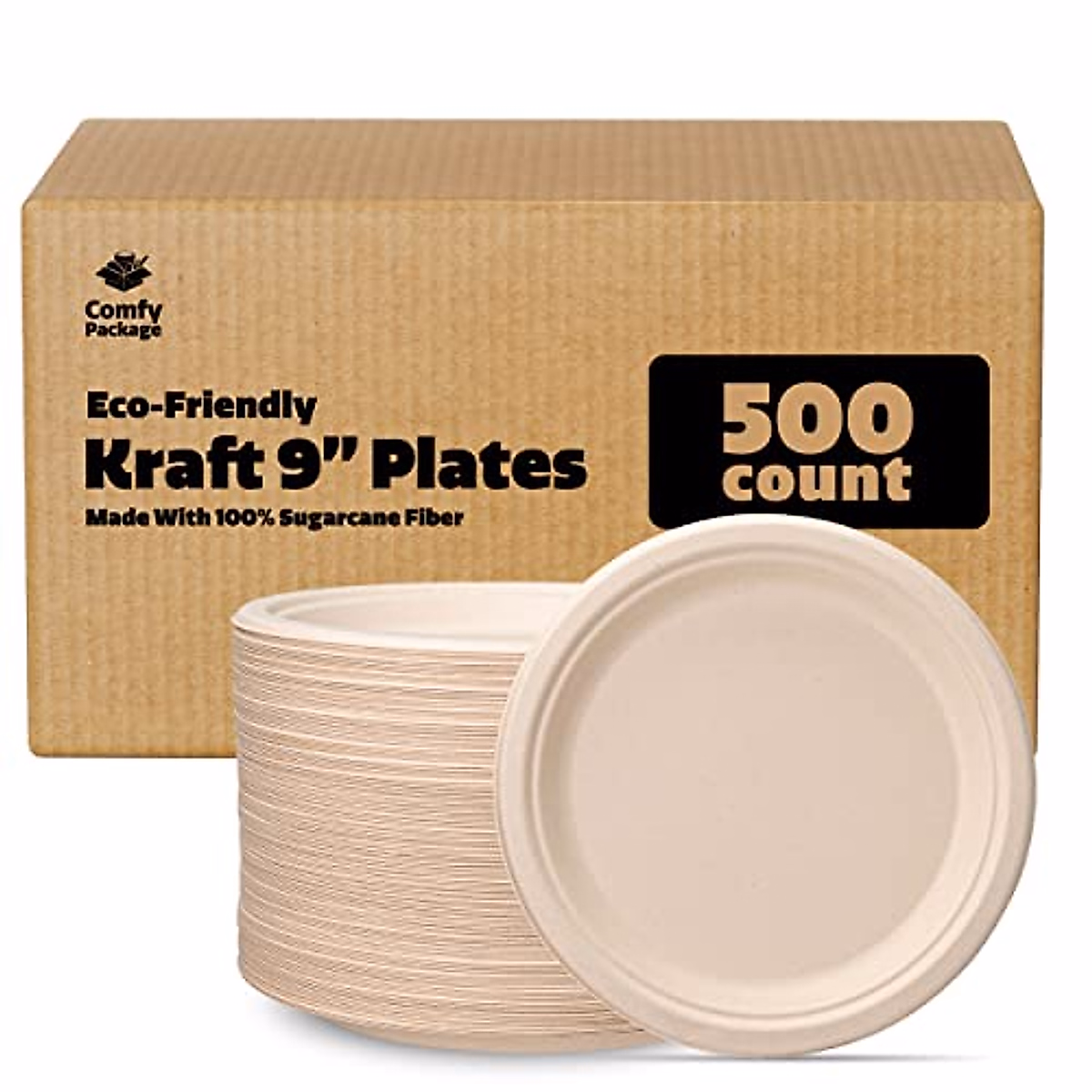 Comfy Package [Case of 500 9 Inch Paper Plates, 100% Compostable Plates Heavy-Duty - Kraft Biodegradable Plates, Disposable Sugarcane Paper Plates - Brown Unbleached