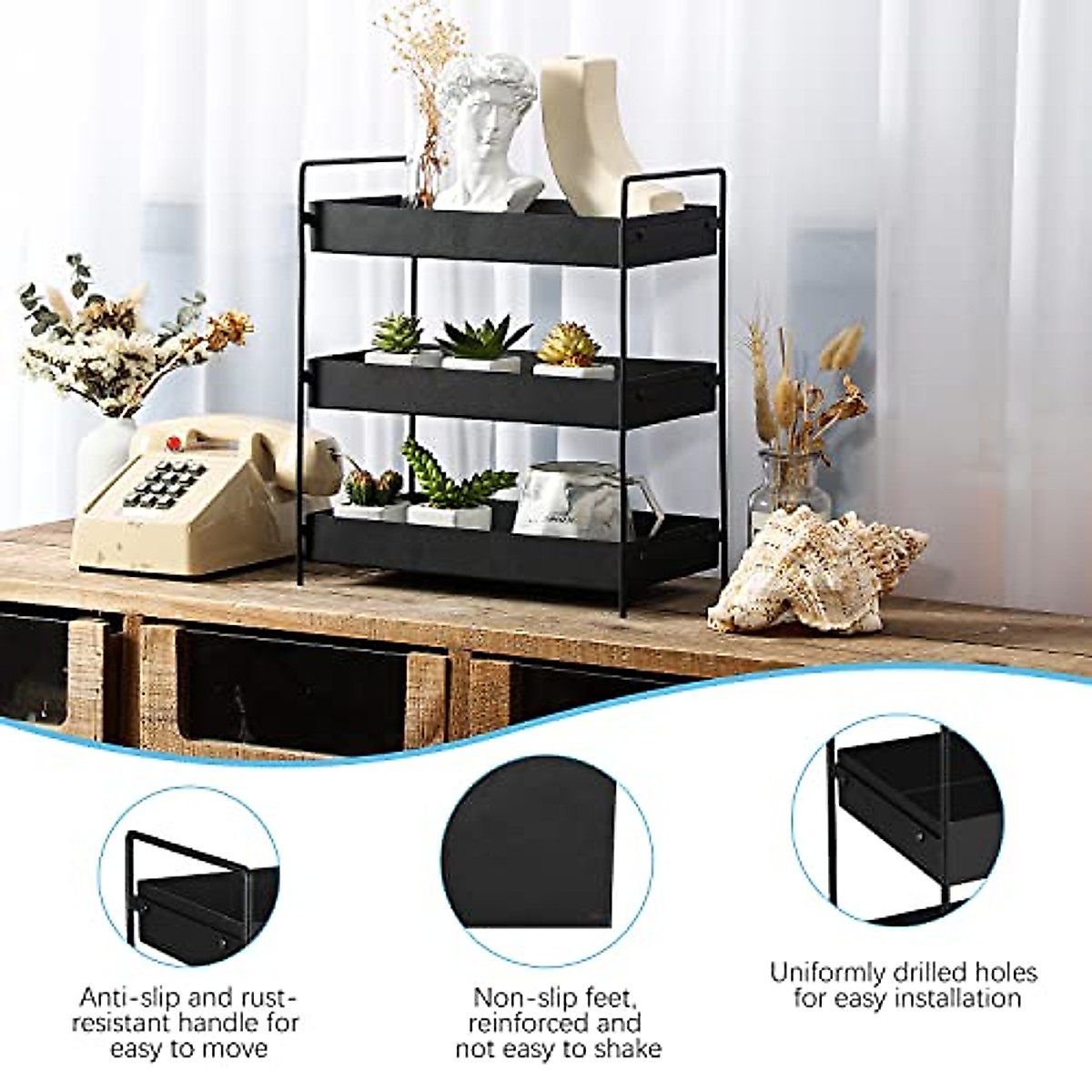 YIKEDZSW 3 Tier Bathroom Countertop Organizer, Black Bathroom Counter Organizer Storage, Counter Standing Rack Cosmetic Organizer Holder