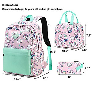 Unicorn School Backpack for Teen Girls, 3-in-1 Kids Backpack Bookbag Set School Bags with Lunch Box Pencil Case