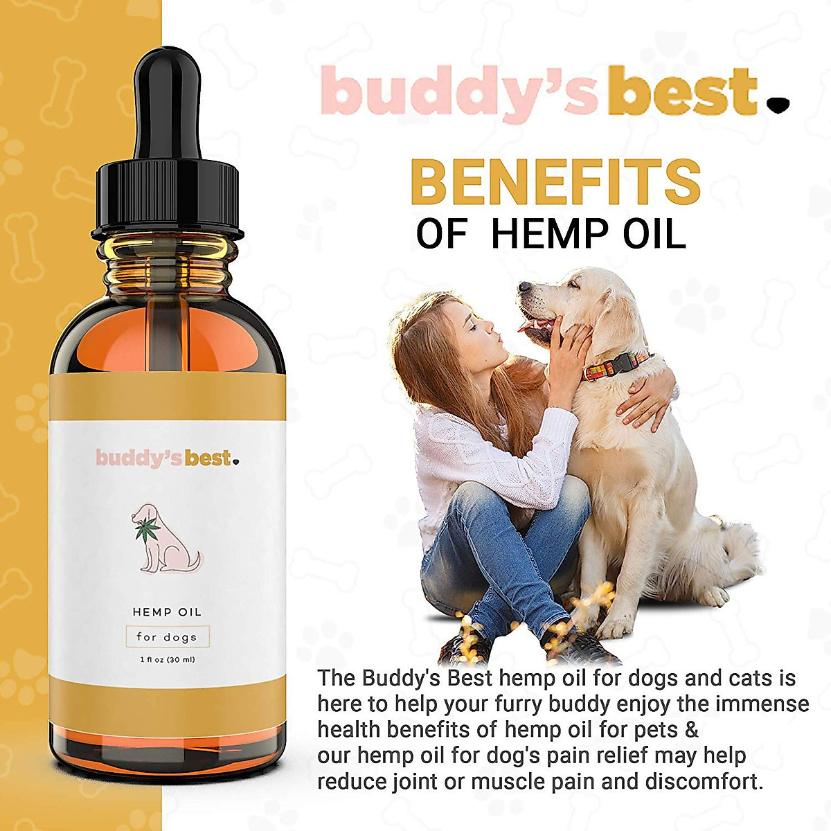Buddy's Best Hemp Oil Treats for Pets - 100% Cold Pressed Hemp Seed Oil - Omega 3 & 6 for Hip & Joint Health, 2 x 1oz