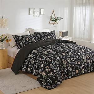 Floral Comforter Set Queen Size, Yellow Green Botanical Flower Leaves Printed Comforter for Kids Teen Women, 3 Piece Soft Microfiber Bedding Set with 2 Pillow Cases for All Season(Black,Queen)