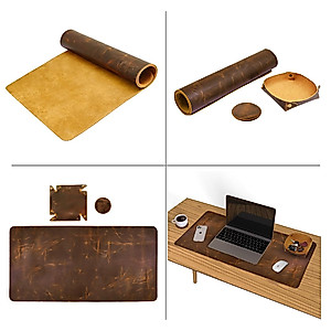 ELIZO Real Leather Desk Mat Set (32x16) Large Desk Cover Blotter Protector Computer Gaming Mouse Pad Table Laptop Office Desktop Accessories Antique 2mm