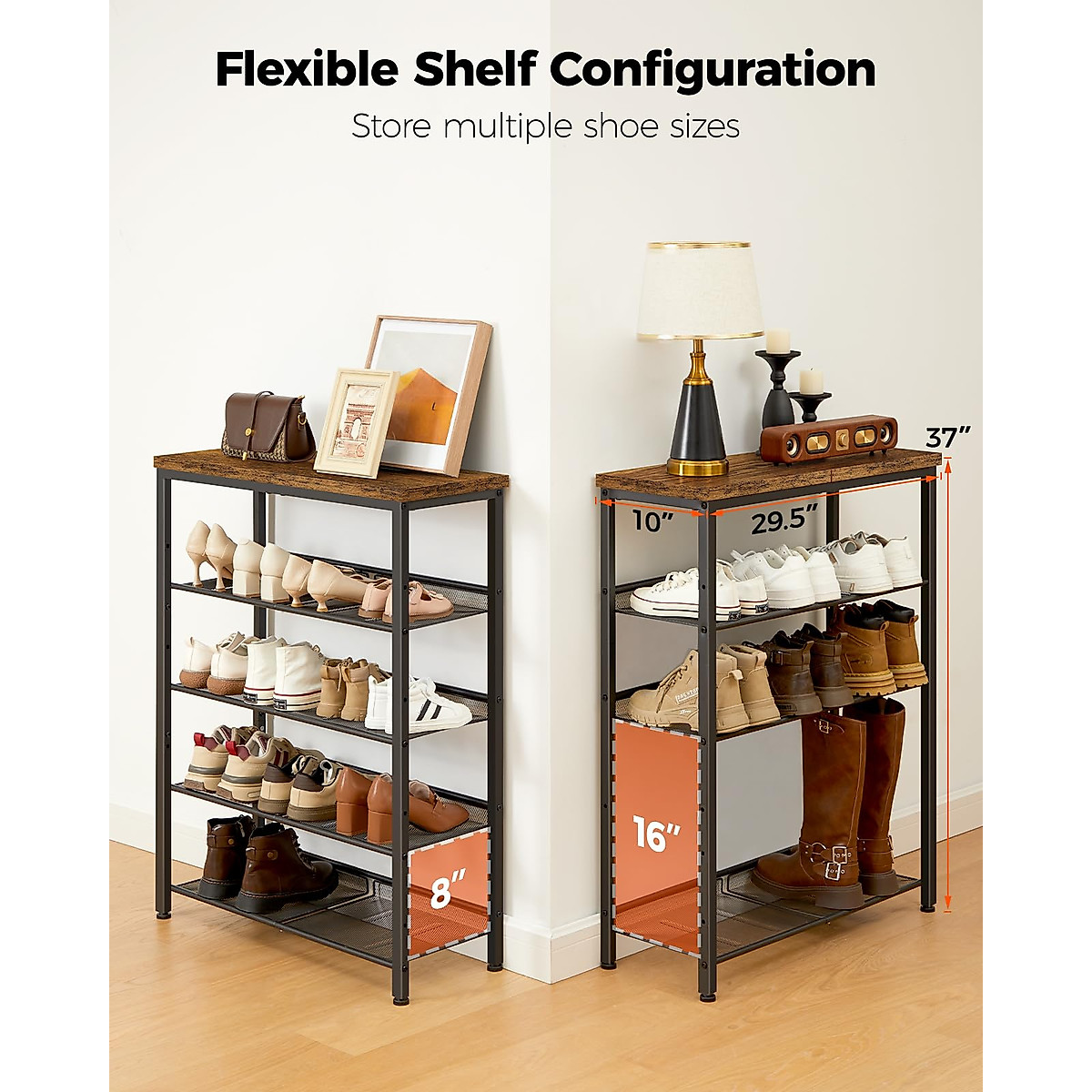 Pipishell 5-Tier Shoe Rack for Entryway and Small Spaces with Wooden Top & Metal Frames, Shoe Storage Organizer with Adjustable Storage Shelves, PISRB4V