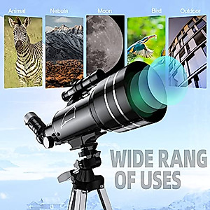 Telescope 70mm Aperture 400mm - for Adults & Kids, Refracting Portable Telescopes for Adults Astronomy Beginners Telescope with Tripod, Phone Adapter, Wireless Remote, Carrying Bag Black