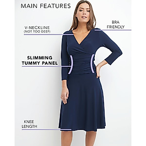 Rekucci Women's Slimming 3/4 Sleeve Fit-and-Flare Crossover Tummy Control Dress (16, Black)