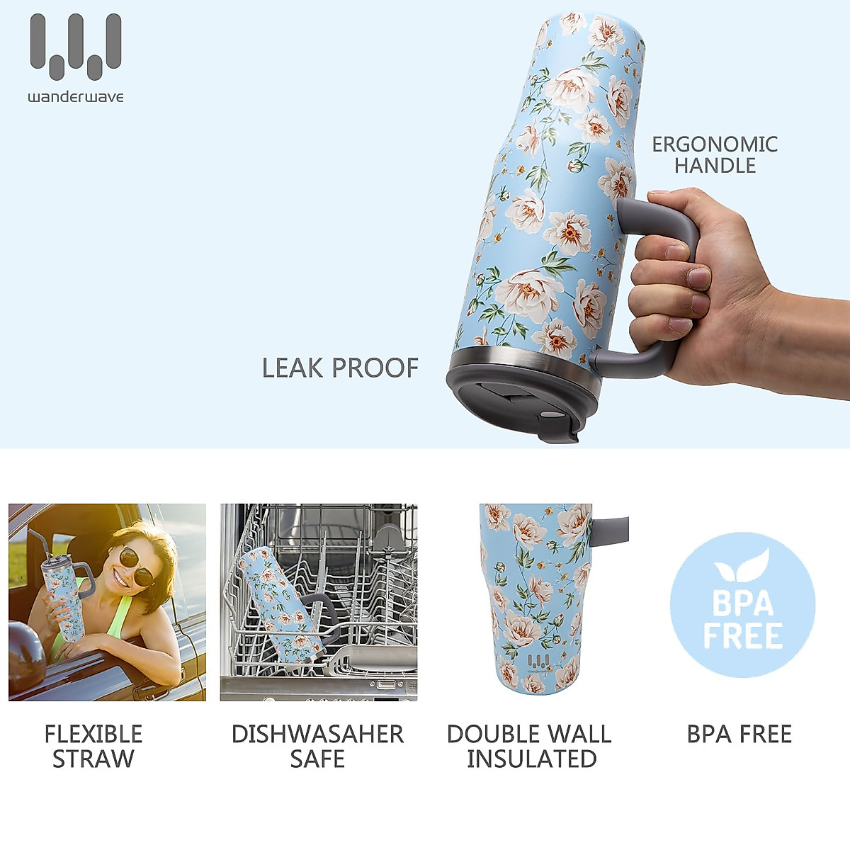 40 oz Insulated Tumbler for Women, Birthday Gifts for Women, Personalized Leakproof Tumblers with Flower, Double-Wall Vacuum Travel Mug with Handle Stainless Steel Straw and silicone sleeves (Blue)