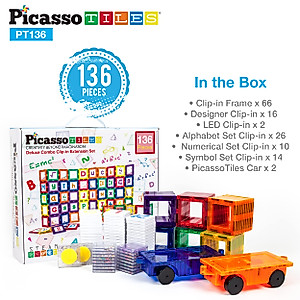 PicassoTiles 136 Piece S.T.E.A.M. Building Block Set with 66 Magnetized Clip-in Insert Cards Toy Construction Kit PT136 Magnet Building Tiles Clear Color Magnetic 3D Educational Blocks Click-in Card