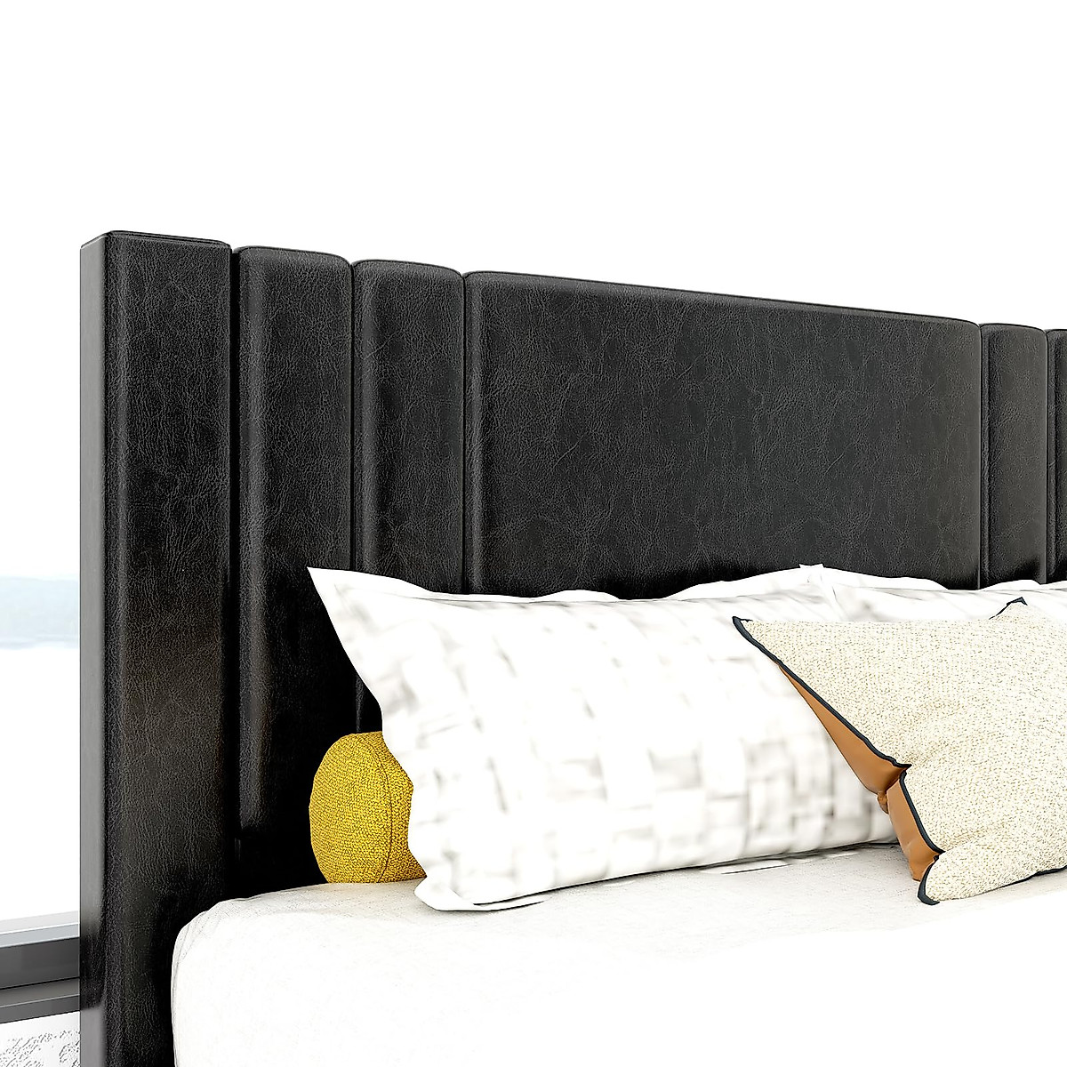 Queen Size Bed Frame, Faux Leather Upholstered Platform with Headboard (Black, Queen (U.S. Standard))