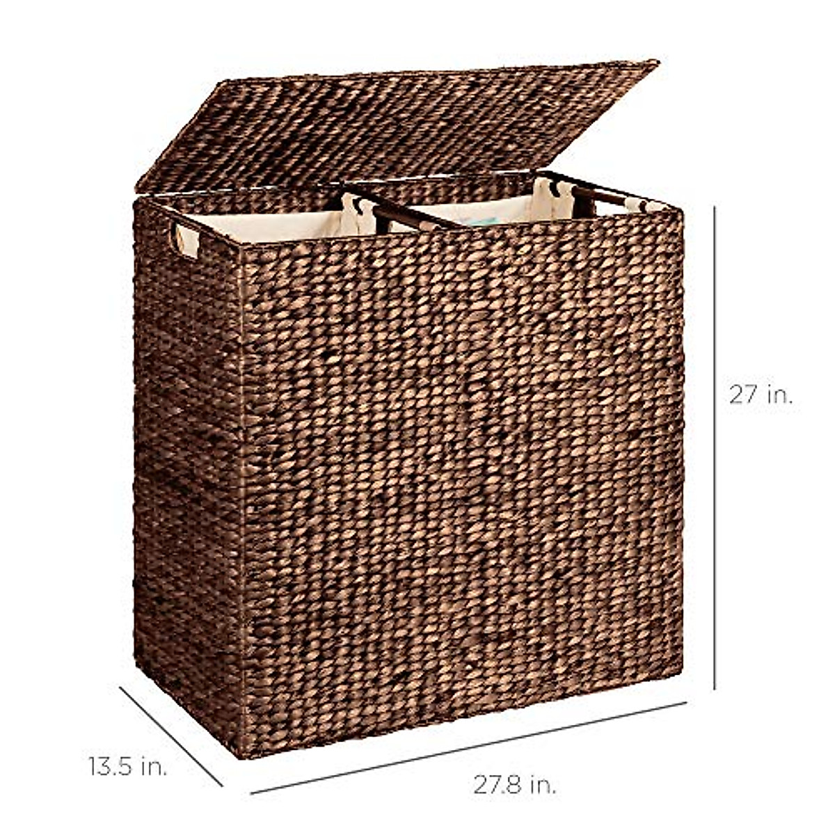 Best Choice Products Rustic Extra Large Natural Woven Water Hyacinth Double Laundry Hamper Storage Basket w/ 2 Removable Machine Washable Cotton Liner Bags, Divided Interior, Lid, Handles - Espresso